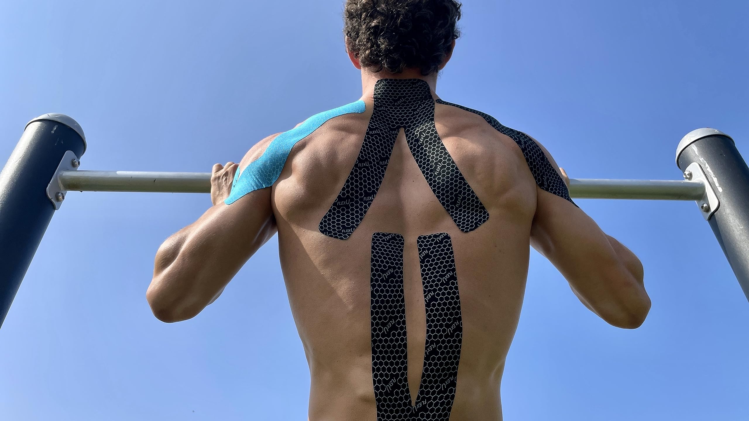 FlexU Kinesiology Tape - 60 2" x 10" Pre-Cut Strips for Lower Back, Knees, & Shoulders; Pain Relief & Support for Muscles & Joints, Shoulders, Knees & Back, Rheumatism, Gout, Osteoporosis (Black)
