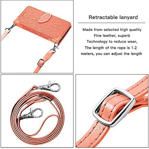 ONV Wallet Case for Oppo Reno 7 SE -1.5M Adjustable Strap Emboss Feather Flip Phone Case Card Slot Magnet Leather Shell Flip Stand Cover for Oppo Reno 7 SE [MZY] -Orange
