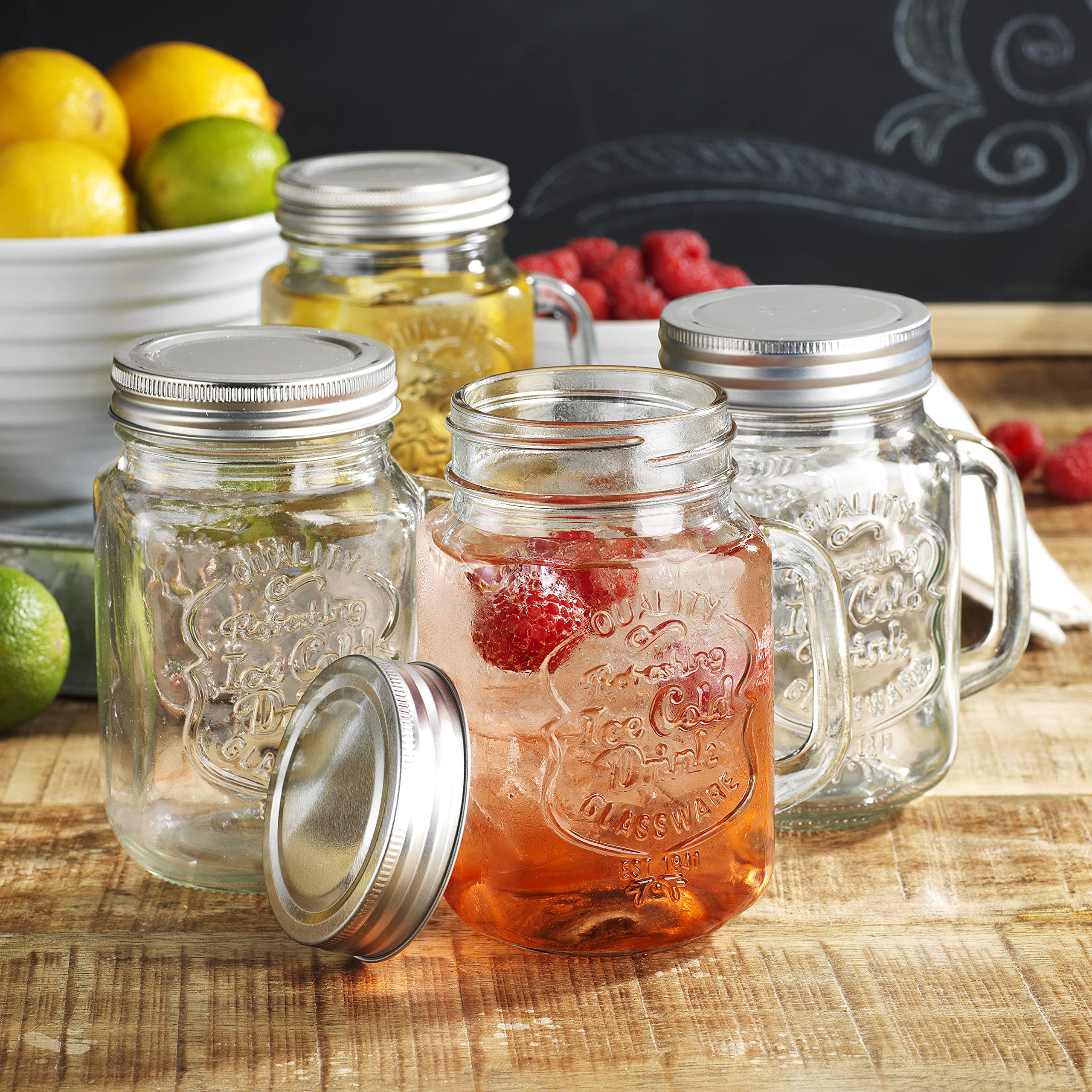 Glaver's Mason Drinking Jars β Set of 4, 16 Oz Clear Glass Jar with Handle and Lid. β Ice-Cold Drink Glassware Logo β Glass Mugs Ideal for Cold Beverages, Juice, Smoothie, Cocktails.