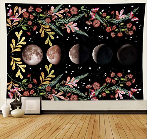 Fendio Black Moonlit Garden Tapestry, Moon Phase Star Surrounded by Flowers Vine Black Wall Hanging Blanket for Room