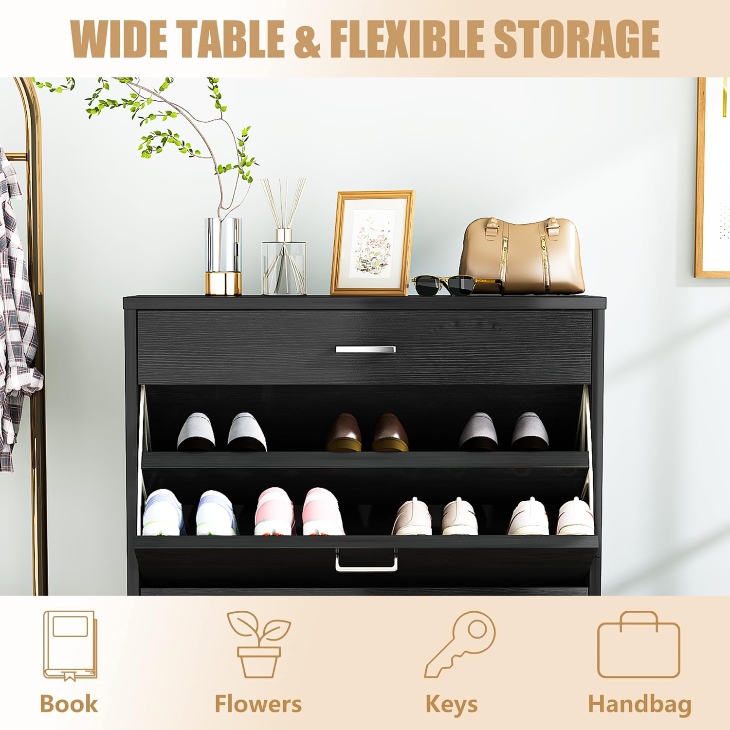 Lamerge Shoe Storage Cabinet for Entryway, Free Standing Shoe Organizer with 2 Flip Drawers,Hidden Shoe Rack Storage Organizer for Doorway Hallway, Black