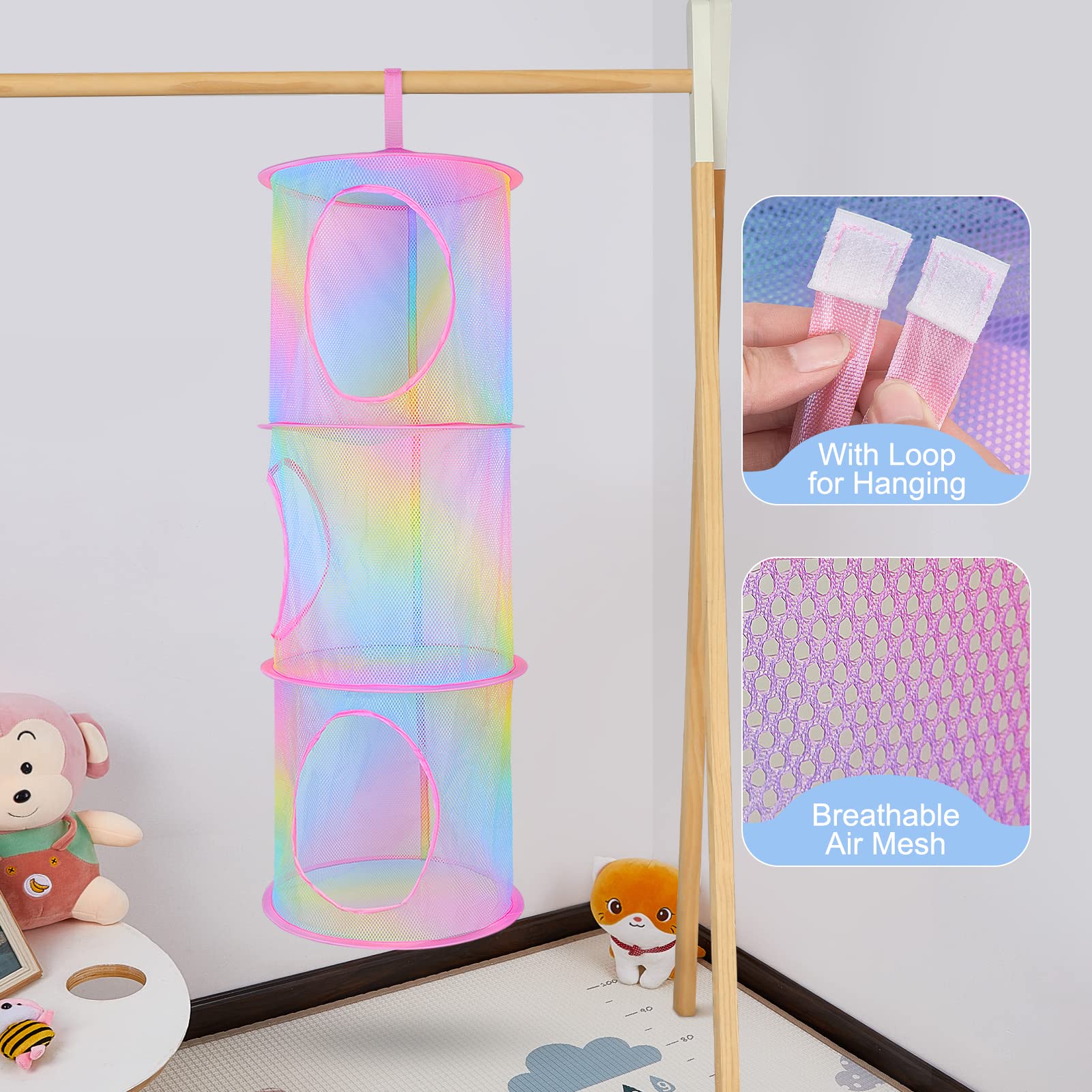 FIOBEE Stuffed Animals Hammock Net Toy Storage 2 Pack Hanging Stuffed Animals Organizer Holder Mesh Toy Organizer with 3 Compartments for Girls Room Closet Kids Playroom