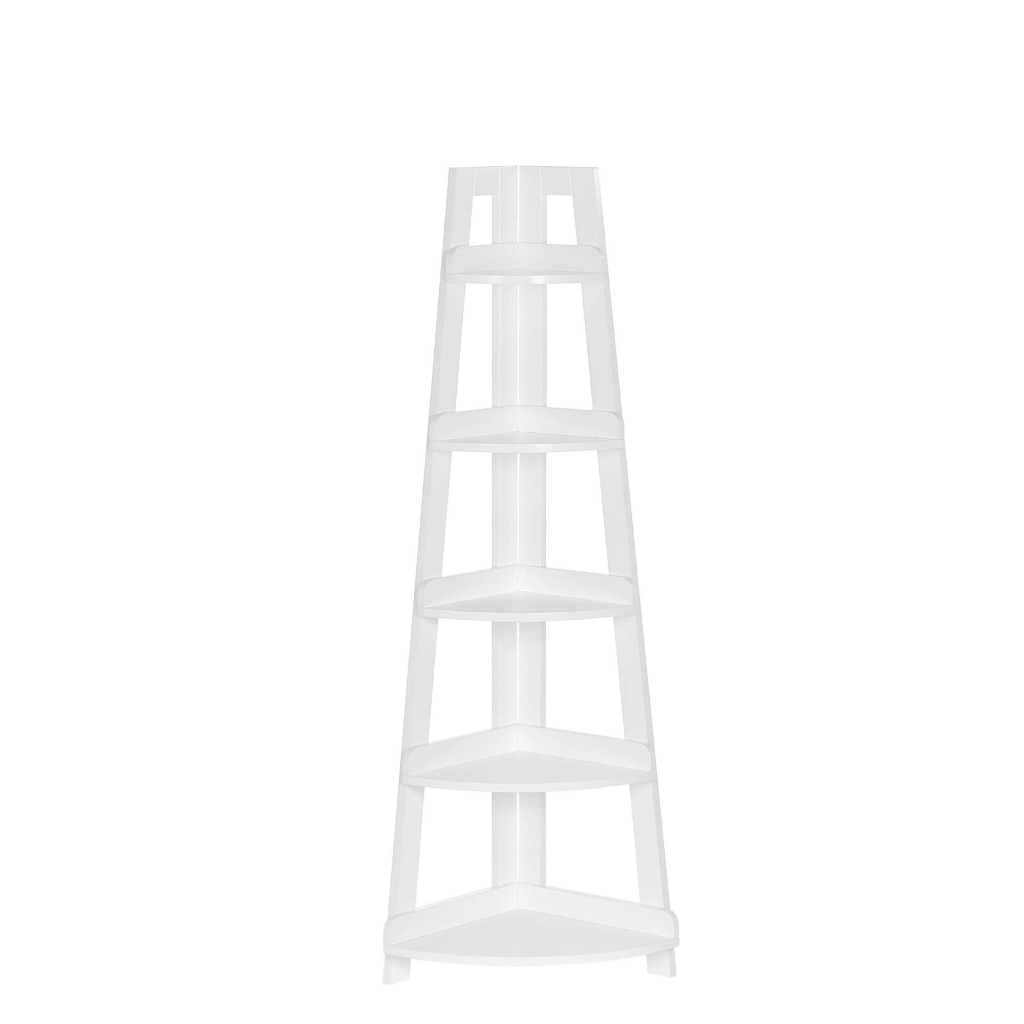 RiverRidge Amery 5-Tier Corner Ladder Shelf - Narrow Corner Shelf Maximizes Storage & Display in Small Spaces - White Open Shelving Design for Bathroom, Living Room, Office