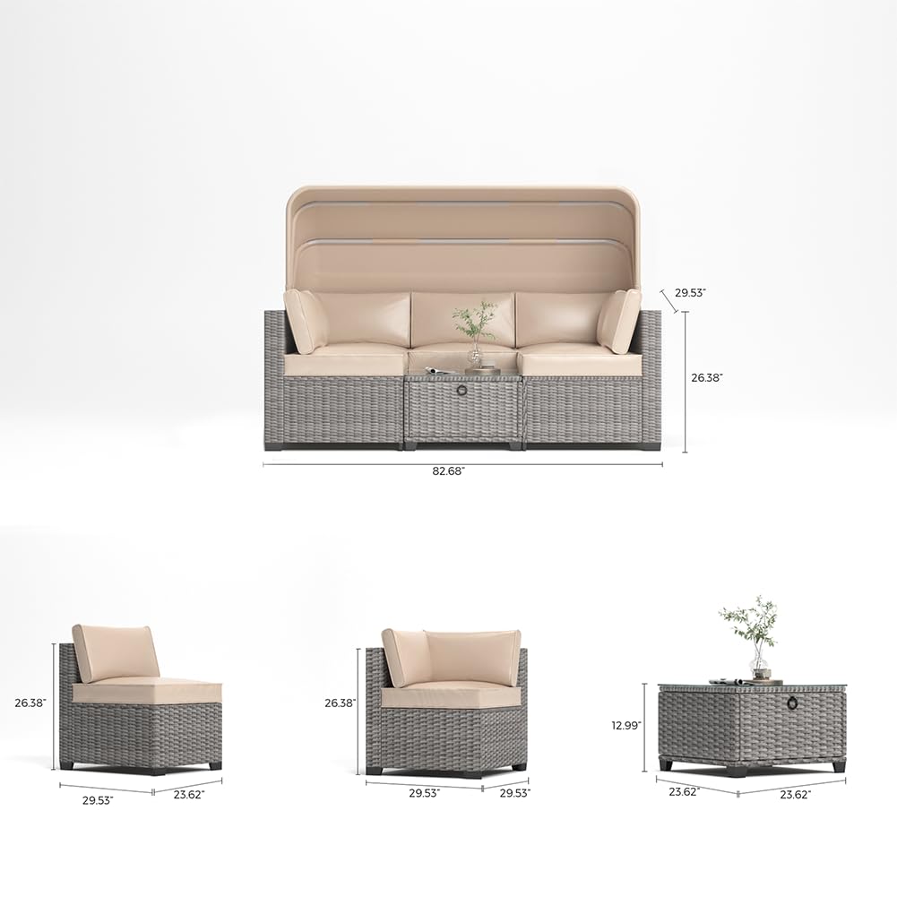olimix 6 Rattan Pieces Patio Furniture Sets, Outdoor Daybed with Retractable Canopy, Outdoor Sectional Sofa Set with Adjustable Backrest, Chaise Chair Sunbed for Garden Patio Backyard(Grey)