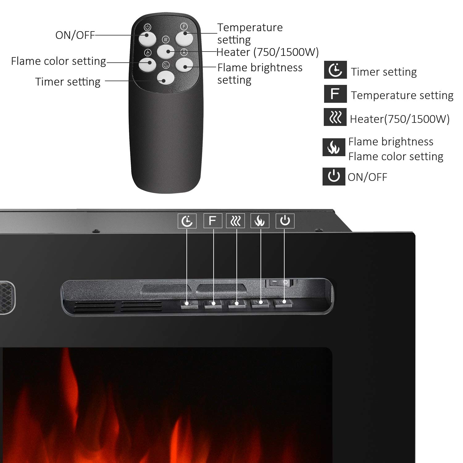 GMHome 80 Inches Wall Recessed Electric Fireplace Wall Mounted in-Wall Built Heater, Log Sets & Crystals, 9 Changeable Colors, with Remote, 1500W Fireplace, Black