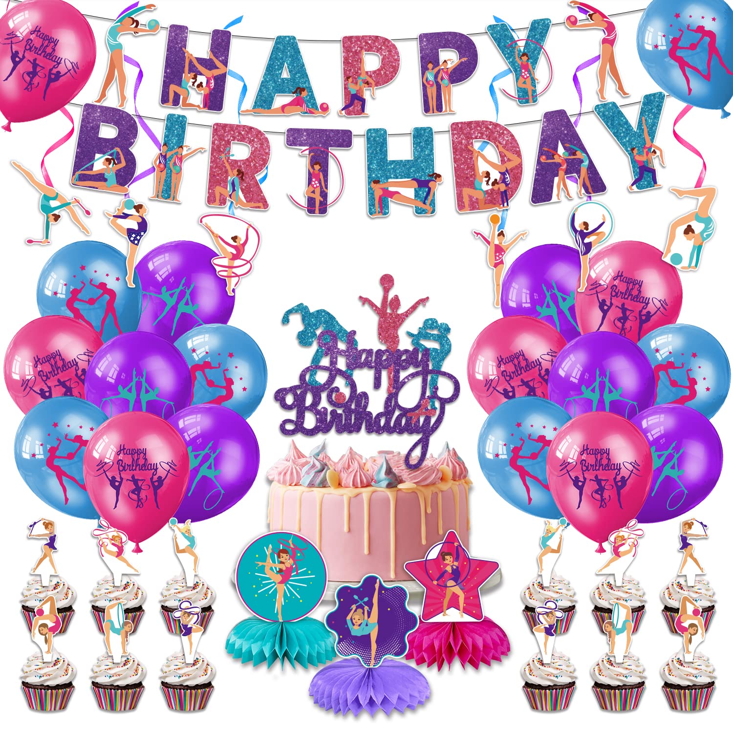 Gymnastics Birthday Party Decorations,61 Pieces Gymnastics Party Supplies for Girls,Include Gymnastics Birthday Banner,Latex Balloons,Honeycomb Centerpiece Table Decorations