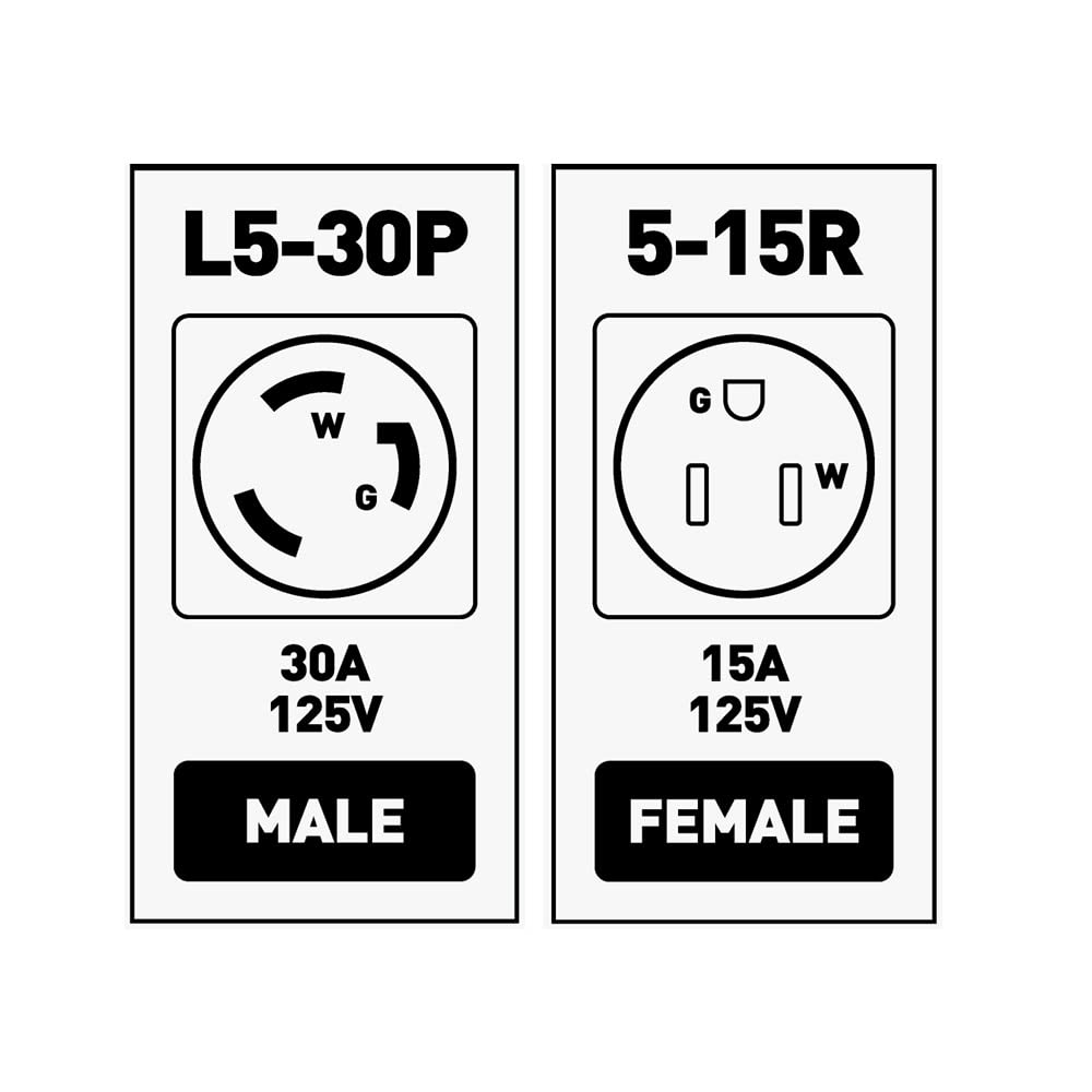 Marvine Shore Power Dogbone Adapter (1.5ft) - Twist Lock NEMA 30 Amp L5-30P Male to 15 Amp 5-15R Female - Heavy Duty 10/3 STW Pigtail w/LED Power Indicator