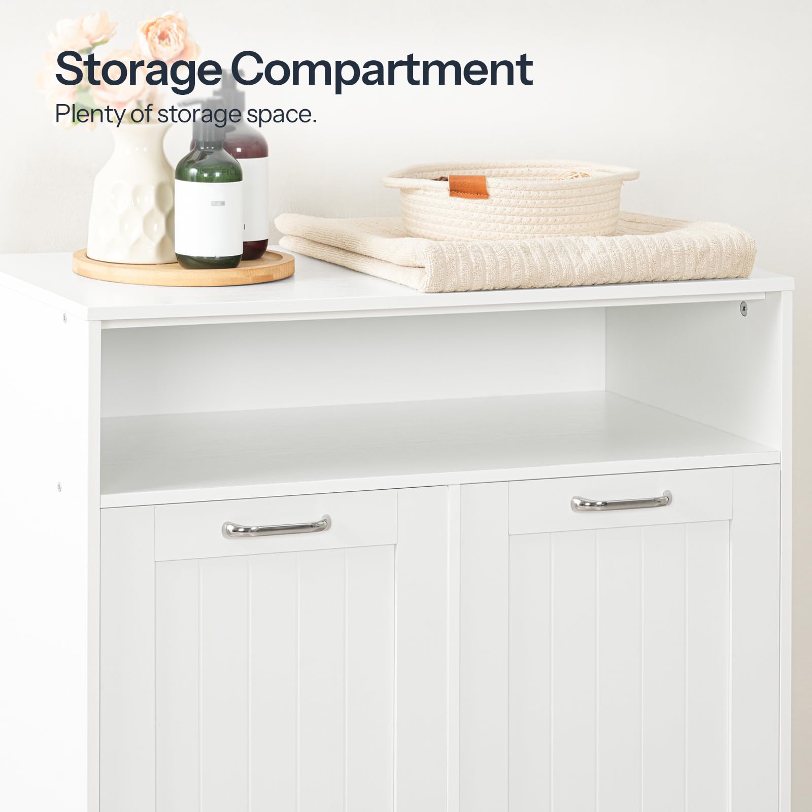 HOOBRO Laundry Cabinet, Tilt-Out Laundry Hamper, Pull Out Laundry Sorter with 2 Removable Basket and Open Shelving, Storage Cabinet for Laundry Room, Bathroom, Living Room, White WT80XY01