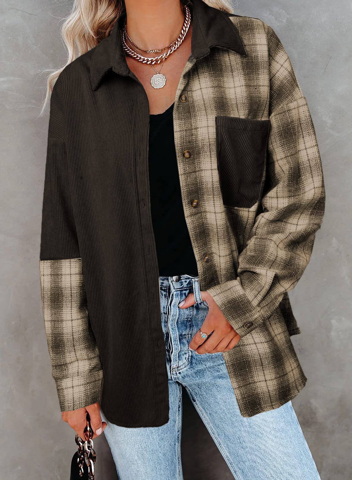 Dokotoo Shirts for Women Color Block Plaid Patchwork Long Sleeve Turn Down Collar Shacket Fall Boyfriend Style Contrast Button Down Shirts Tops with Bust Pocket Blue L