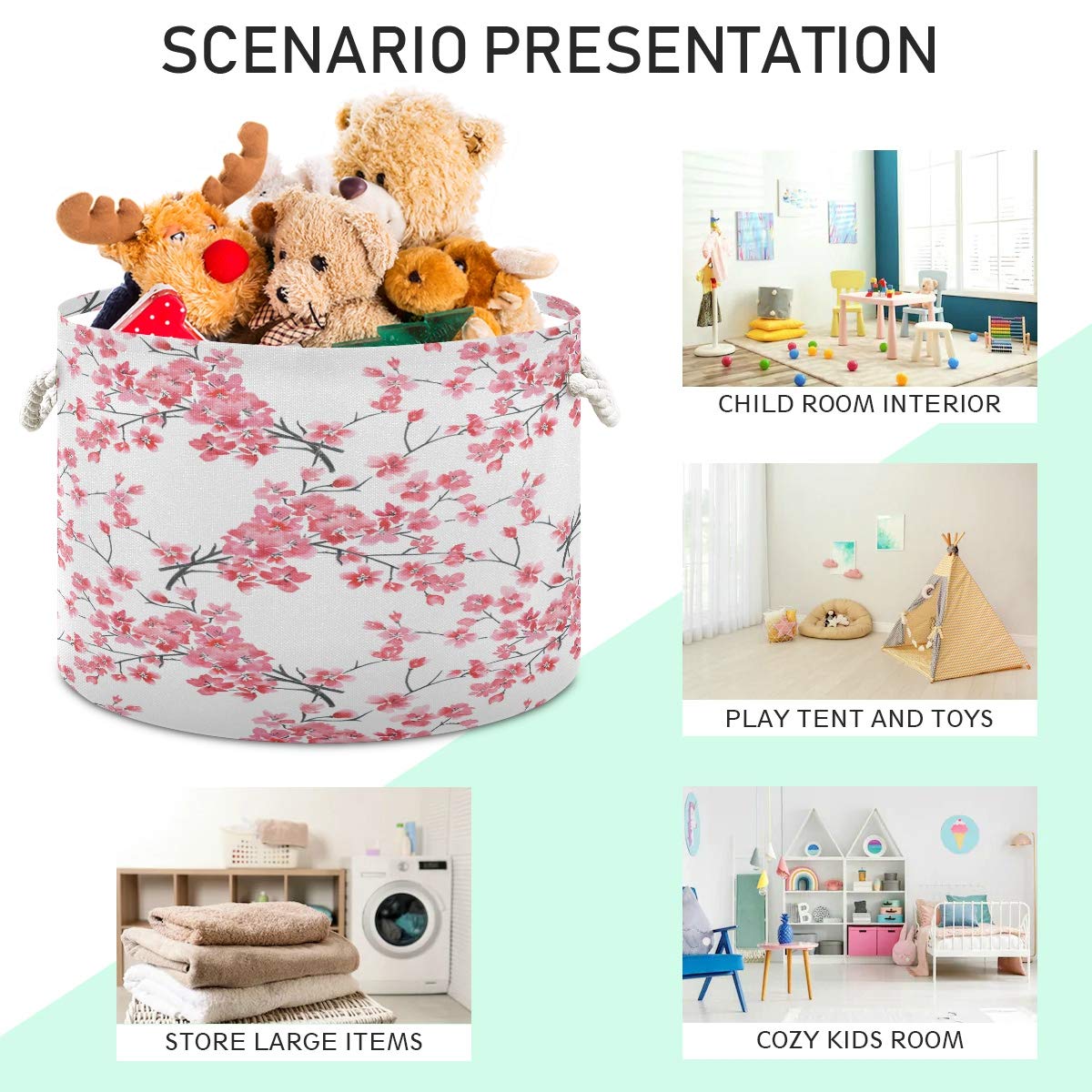 SUABO Large Pink Storage Basket, Cherry Blossoms Laundry Hamper Collapsible Hamper Bin with Handle, Laundry Baskets for Clothes, 20x14