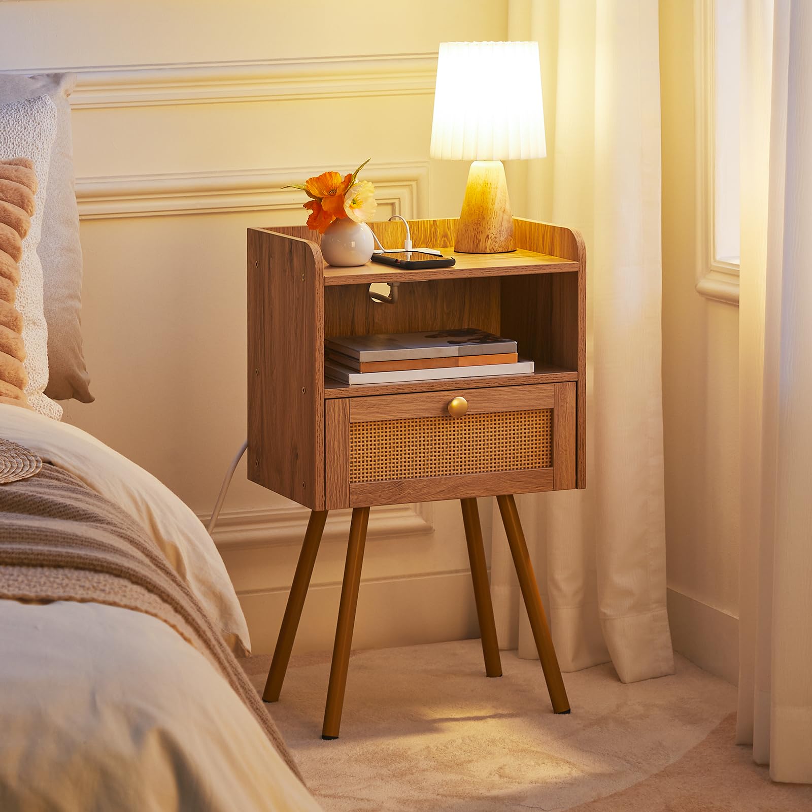 HOOBRO Nightstand with Charging Station, Side Table with Rattan-Like Decor Drawer, Rattan End Table with Open Storage, Bedside Table for Bedroom, Study Room, White Oak DO92UBZ01