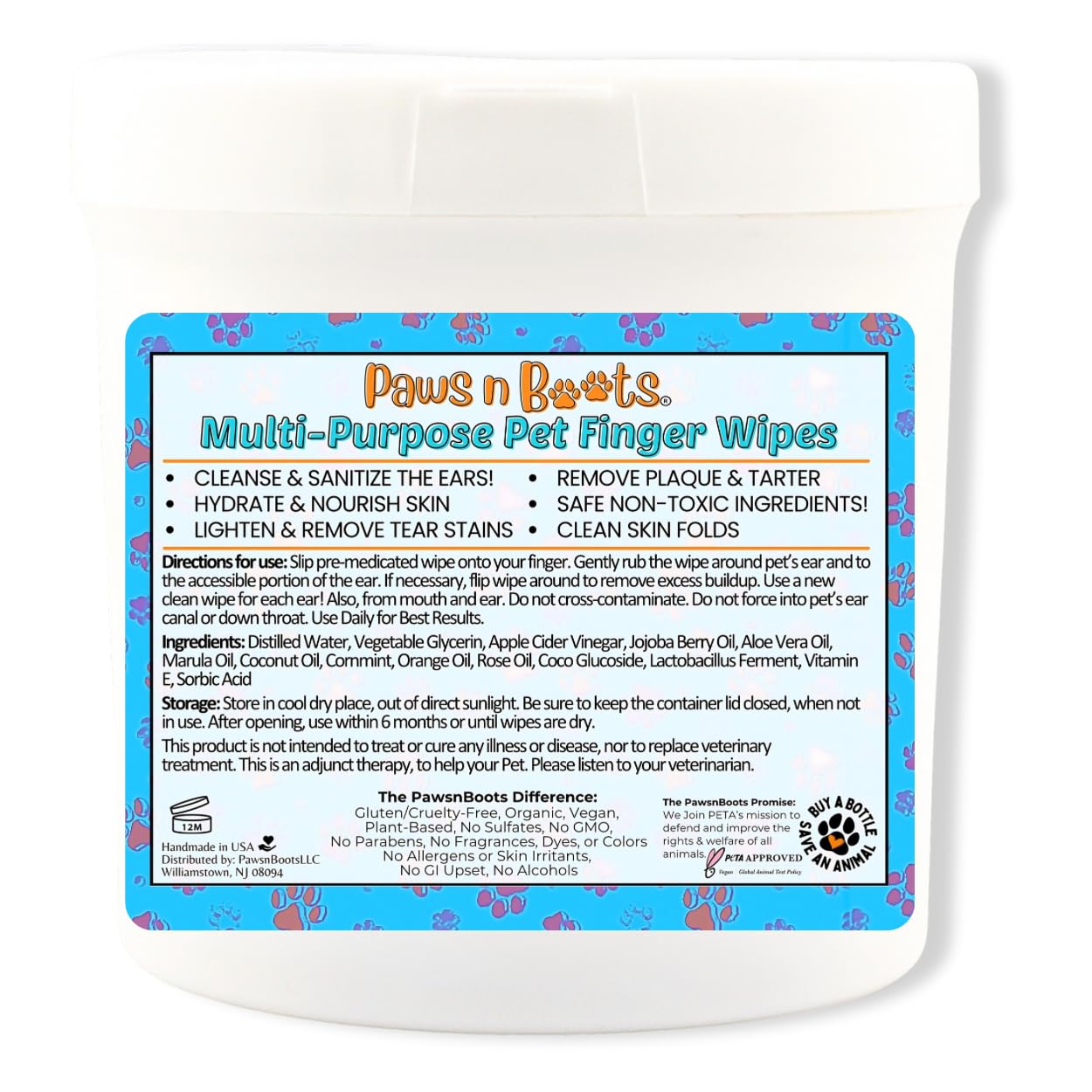 Multi-Purpose All-Natural Pet Finger Wipes, Organic, Safe, Non-Toxic Formulated Pre-Moistened Wipes. Remove Plaque & Whiten Teeth, Clear Ear Wax/Dirt Buildup, Soothe Dry Skin Folds, Remove Tear Stains