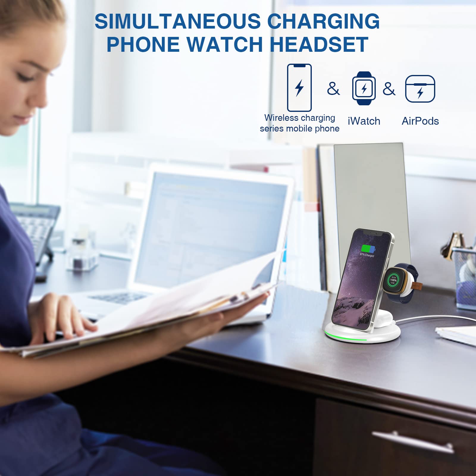 KOJACMUR 3 in 1 Magnetic Wireless Charger, Charge for Fitbit Sense 2/Sense/Versa 3/Versa 4, Charger Stand Wireless Charging Station for iPhone 14 13 12 Pro/Max/Mini,AirPods Pro/3/2 (White A)