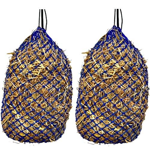 Majestic Ally 2 Pcs 1.25”x1.25” Holes Ultra Slow Feed 36” Very Sturdy Hay Net with Bottom Ring for Horses, Goat, Travel Feeder for Trailer and Stall, Reduces Waste (Royal Blue)