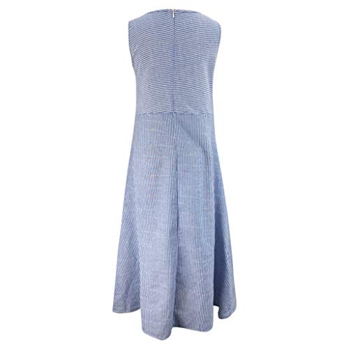 Dresses for Women Sleeveless Stripe Casual Loose Linen Maxi Dress with Pockets (XL, Blue)