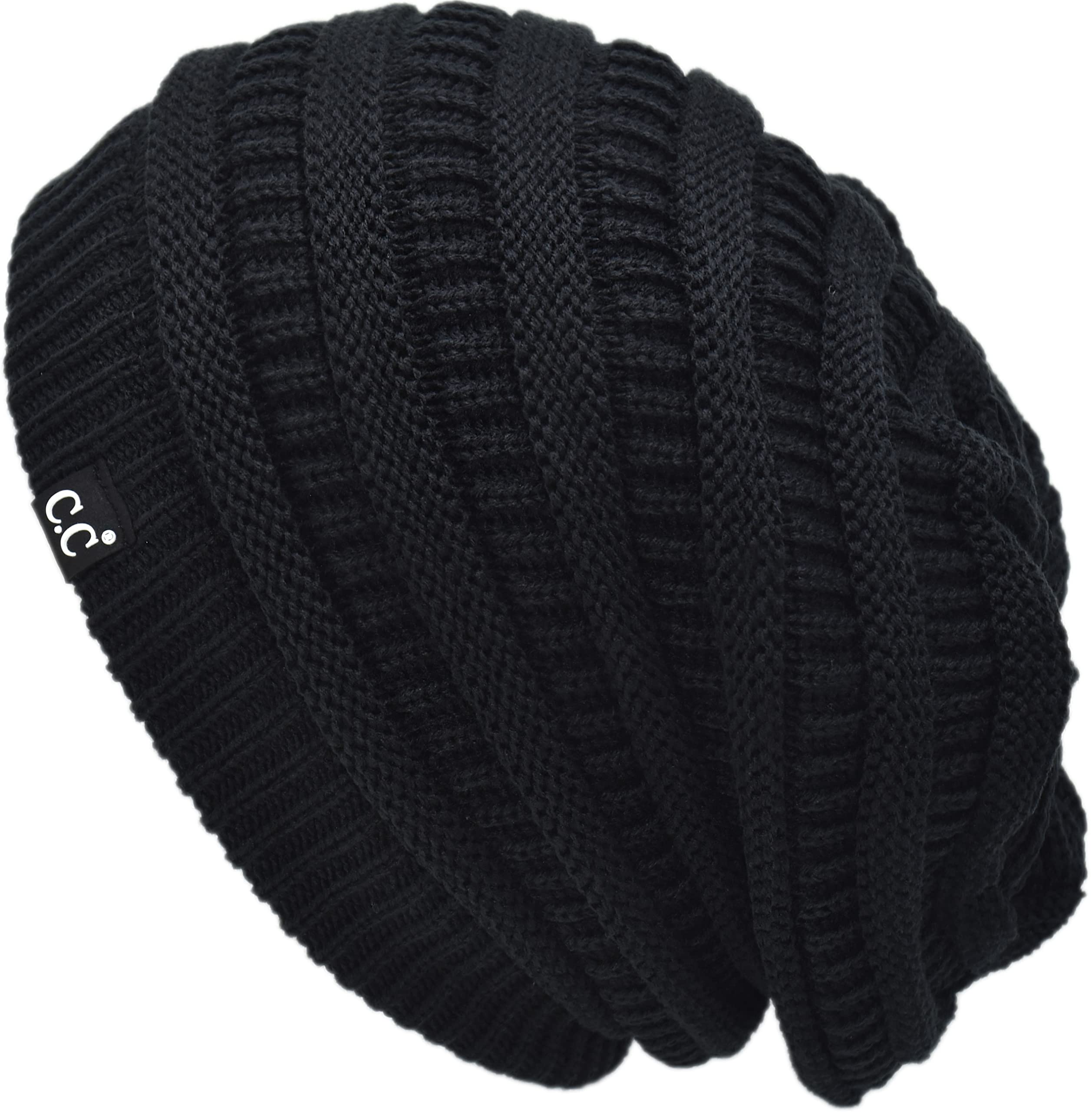 Heavy Fuzzy Lined Stretchy Cold Weather Toboggan Cap Stocking Slouchy Oversized Winter Knit Beanie for Men and Women Black
