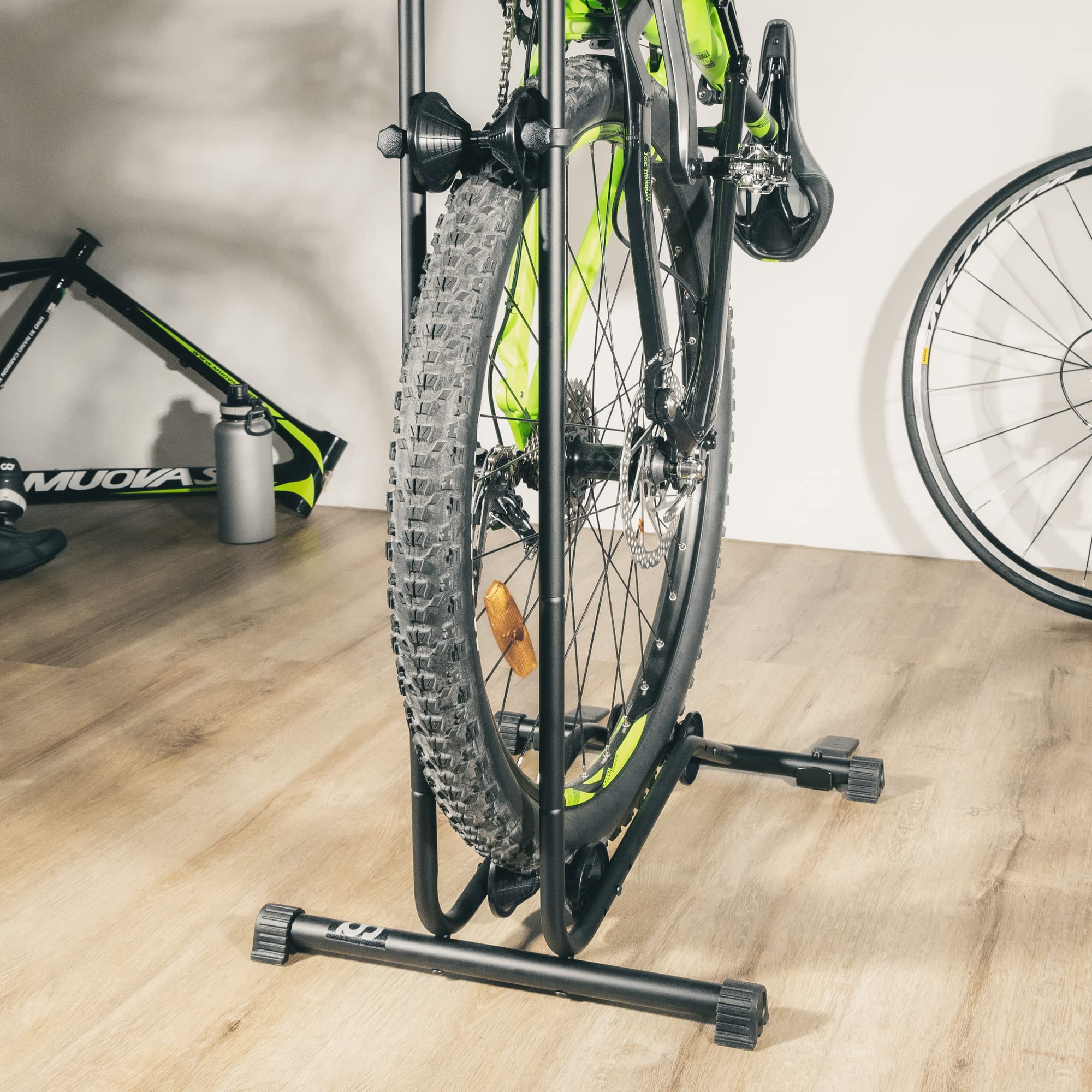 CyclingDeal Upright Bike Stand - Premium Quality Vertical & Horizontal Adjustable Bicycle Floor Parking Rack - Safe & Secure for Storing MTB Road Bikes in Garage or Home - for Wheels Sizes up to 29”
