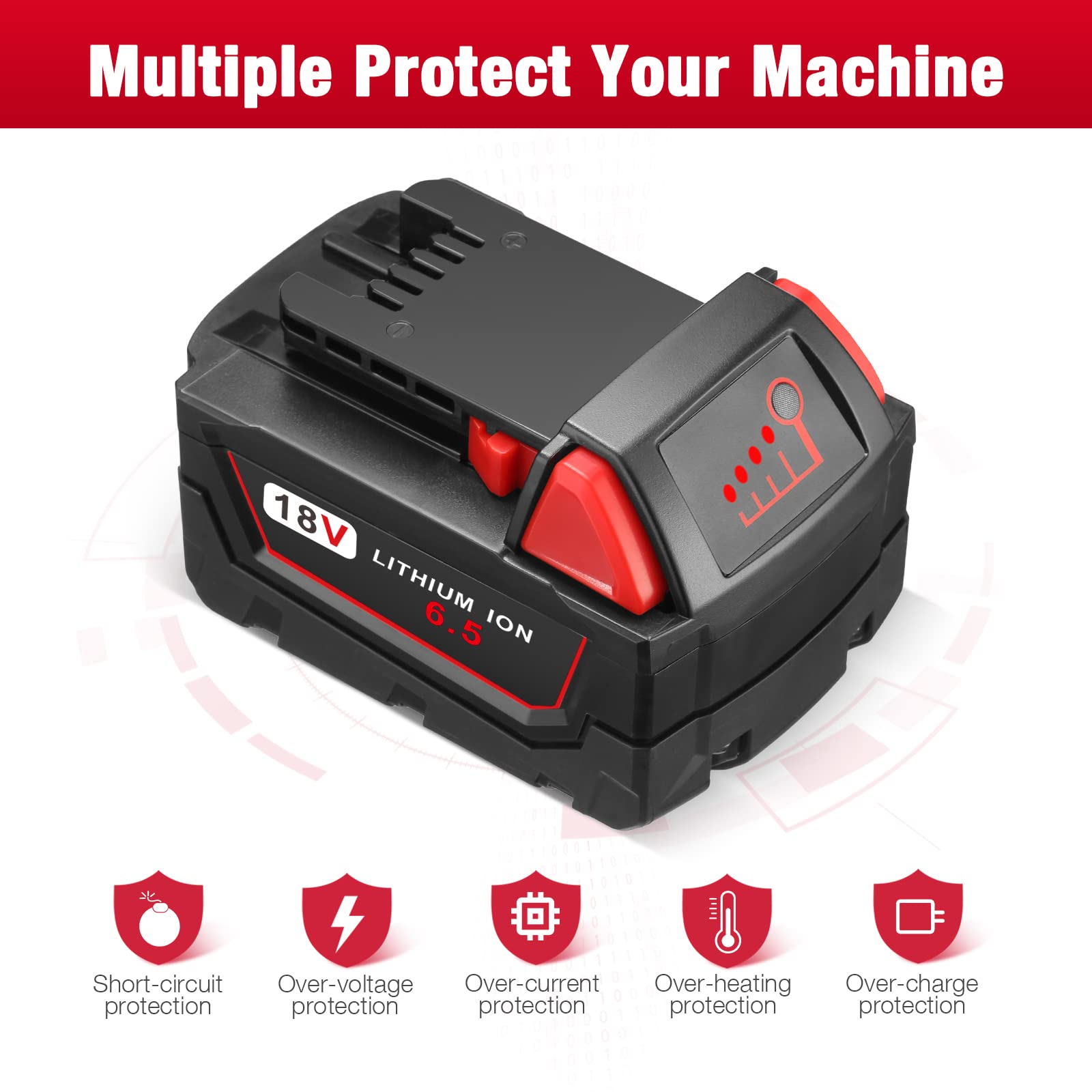 FirstPower 6.5Ah 18V M-18 Battery 2Packs - Compatible with Milwaukee M-18 48-11-1852 18V Lithium Cordless Power Tools - M18B 48-11-1850 48-11-1820 48-11-1828 48-11-10