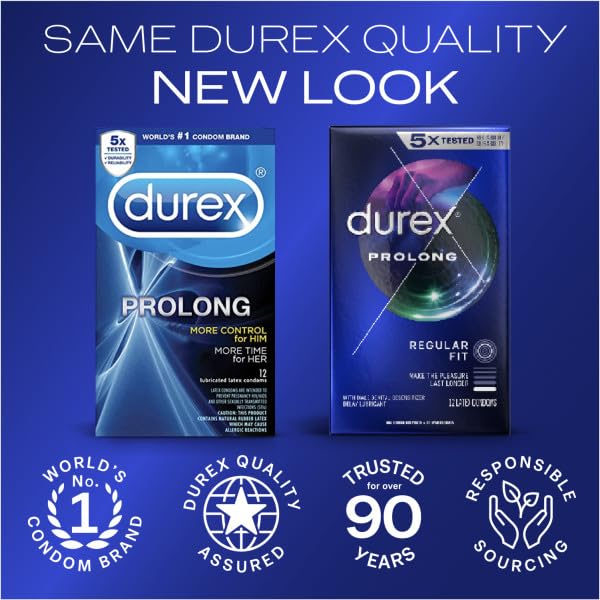 Durex Prolong Condoms, Ultra Fine, Ribbed, Dotted with Delay Lubricant Natural Rubber Latex Condoms for Men, FSA & HSA Eligible, 12 Count (Pack of 3)