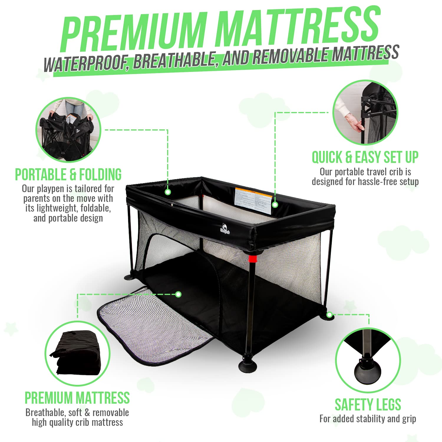 Foldable Travel Crib - Super Lightweight Portable Play Pen + Waterproof Mattres & 100% Cotton Fitted Sheet Bundle - Easy to Pack Fits in a Suitcase Sets up in 30sec Safe for Infantts & Toddler Black