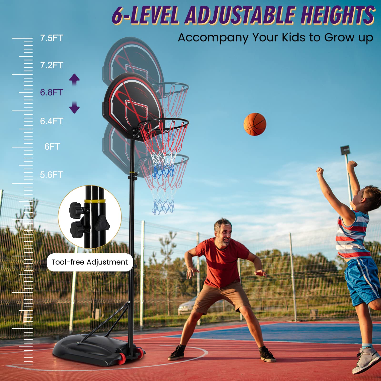 Goplus Portable Basketball Hoop Outdoor, 6.9-8.9 FT Height Adjustable Basketball Goal with 32ββ Shatterproof Backboard, Fillable Base, 2 Nets, 2 Wheels, Indoor Basketball Stand for Kids Youth Adults