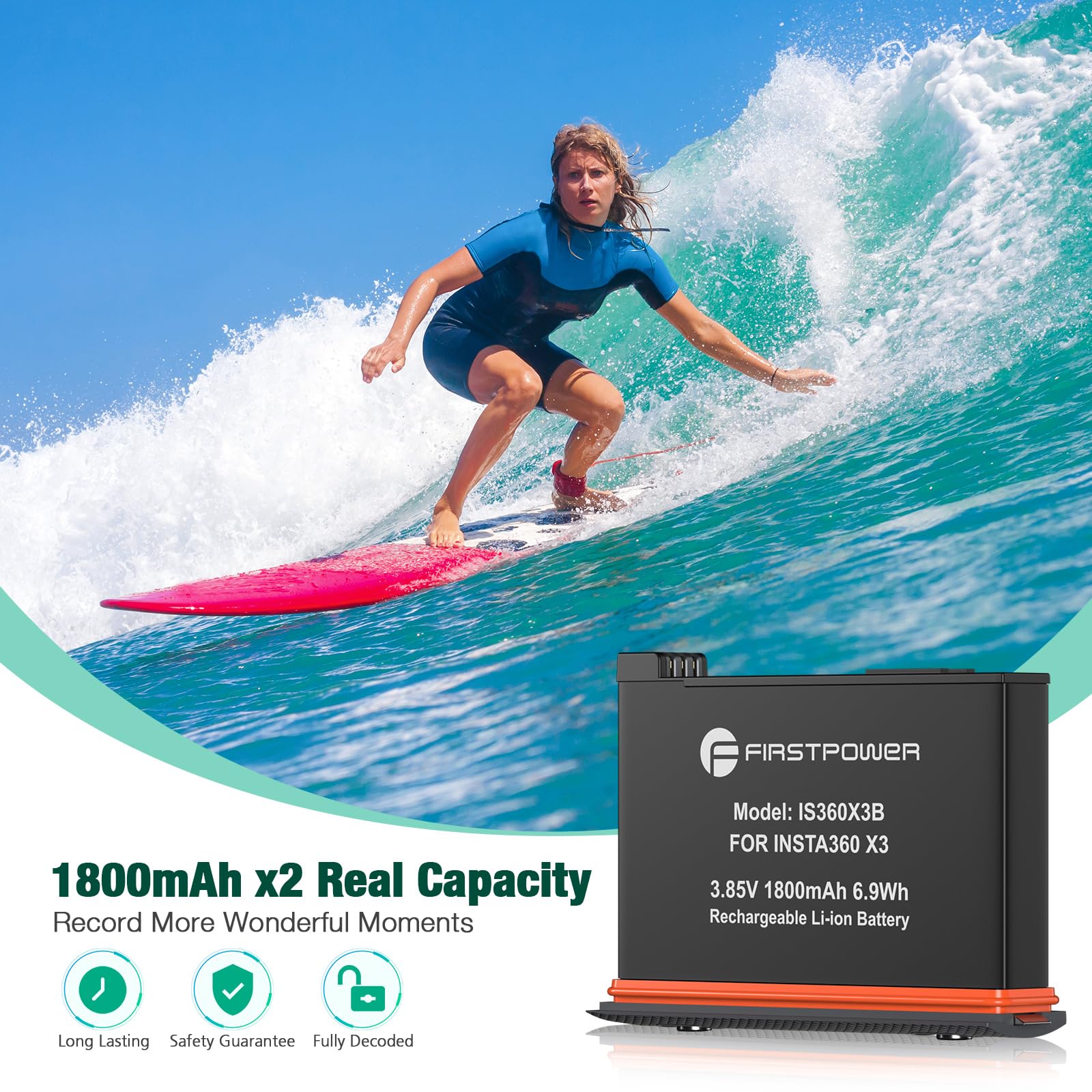 FirstPower Replacement Insta360 X3 Battery 1800mAh 2-Pack and Dual Slot USB Fast Charger Hub Compatible with Insta360 X3 Action Camera
