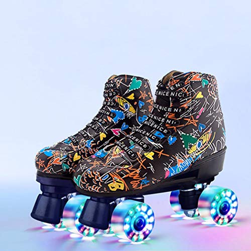 DUBUK Roller Skates Light Up Wheels, Graffiti High-Top Leather Adjustable Hardwearing Double Row Roller Skates with Illuminated Wheels for Boys and Girls (Black b,41)