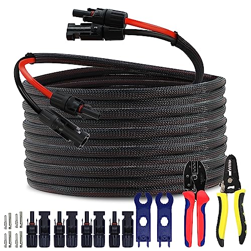 Feotech Twin Wire 50FT Solar Extension Cable - 10AWG (6mmΒ²) Solar Panel Connector, with 6 Pairs-IP67-Male/Female Solar connectors for Outdoor Automotive RV Boat Marine Solar Panel- Black & Red