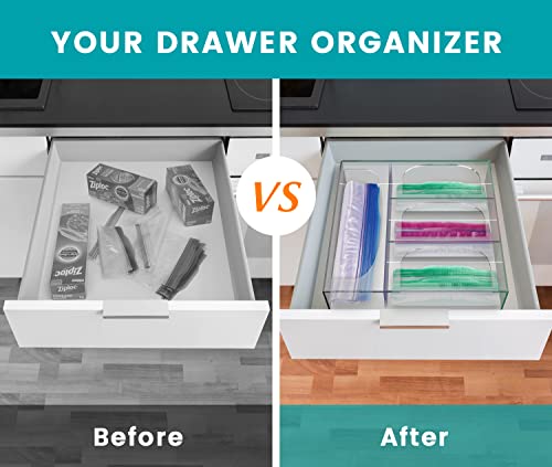 Ziplock Bag Storage Organizer, Acrylic Kitchen Drawer Baggie Box for Ziploc, Plastic Bag Holder, Food Storage Bag Holder, Compatible with Ziploc, Solimo, Glad, Hefty for Gallon, Quart, Sandwich & Snack Variety Size Bags