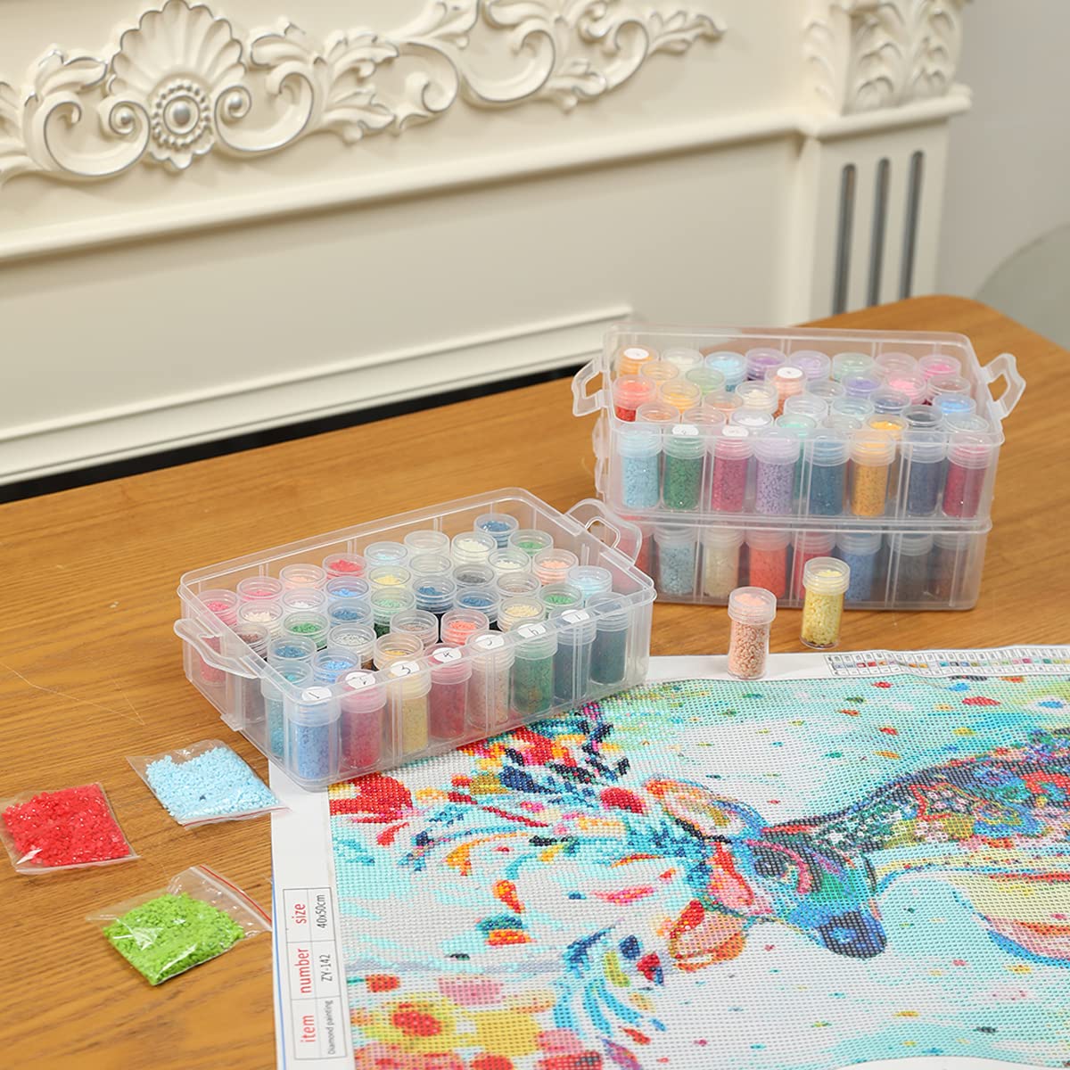 Douorgan 3-Tier Diamond Painting Storage Containers Portable Bead Organizer and Storage Box Stackable Arts & Crafts Organizers for Nail Charms Seed, 132 Round, Funnel, Stickers