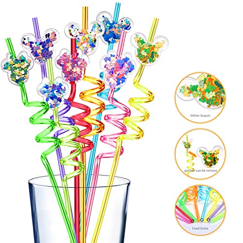 Glitter Sequin Mouse Theme Birthday Party Favors Nicky Mouse Straws, Mouse Shape Reusable Plastic Drinking Straws 8 Designs for Kids Birthday Party 24Pcs with 2 Cleaning Brush