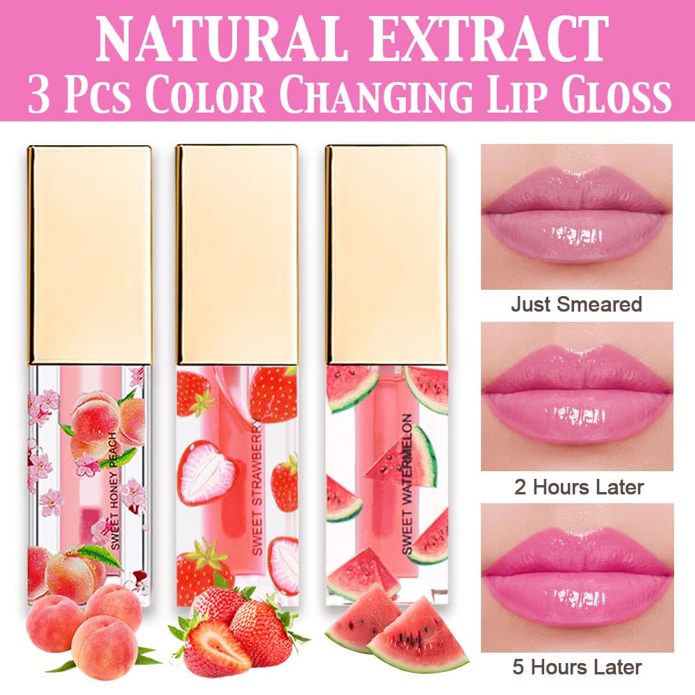 evpct 3Pcs Peach Strawberry Watermelon Mini Clear Color Change Changing PH Tinted Lip Gloss Balm Set for Women Girls Lip Oil Gloss Tint Stain Glaze Pack bulk labiales magicos brillos para labios