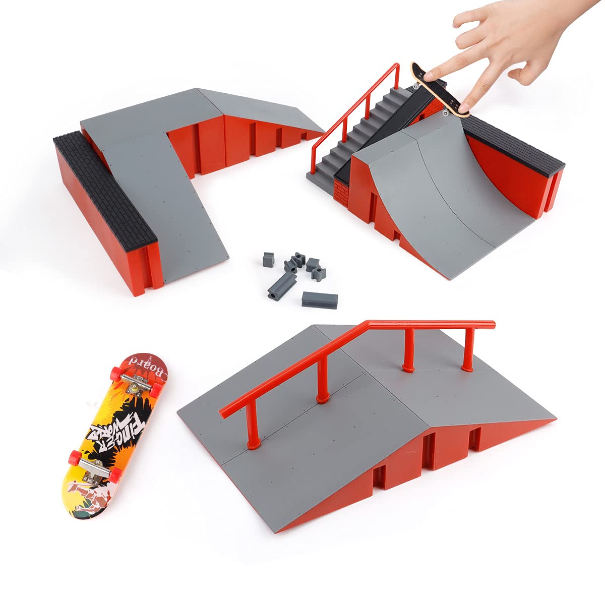 EPOGG Finger Skateboard Ramp Set Fingerboard Ramps Skate Park Kit for Training, Multiple Assembly Fingerboard Skatepark Ramps Kit with 4 Finger Skateboards & 1 Display Holder (B)