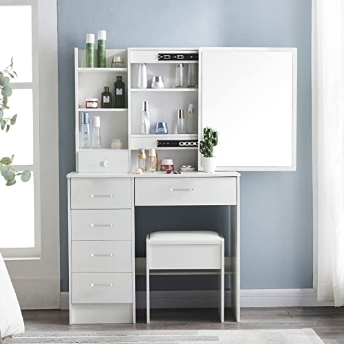 Makeup Vanity Set with Lights and Mirror Vanity Dressing Table with Drawers and Stool Shelves Makeup Vanity Desk for Bedroom Furniture for Girls Women