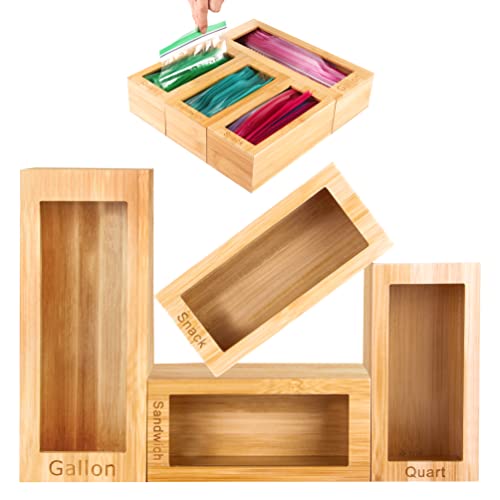 Ziplock Bag Storage Organizer,Food Storage Bag Holders,Bamboo Baggie Organizer for Kitchen,Compatible with Ziploc Quart Sandwich Gallon,Snack Variety Size Bags Foil Wrap Organizer for Drawer(4 pack)
