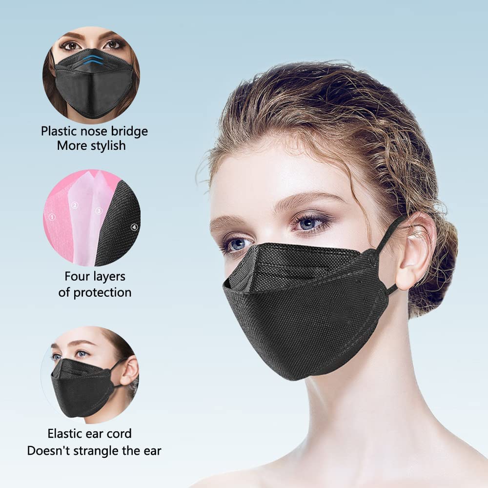 Hubbide 100Pcs Black KF94 Masks, Individually Wrapped 3D Fish Type Masks for Adult, 4 Layer Protective Face Mask