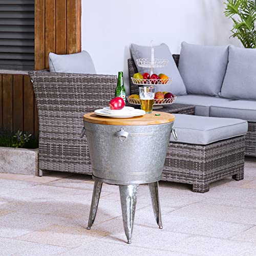 Glitzhome 26.29"H Oval Galvanized Beverage Tub with Stand, Farmhouse Metal Accent Cocktail Table Storage Bucket with Firwood Lid, 8 Gallons