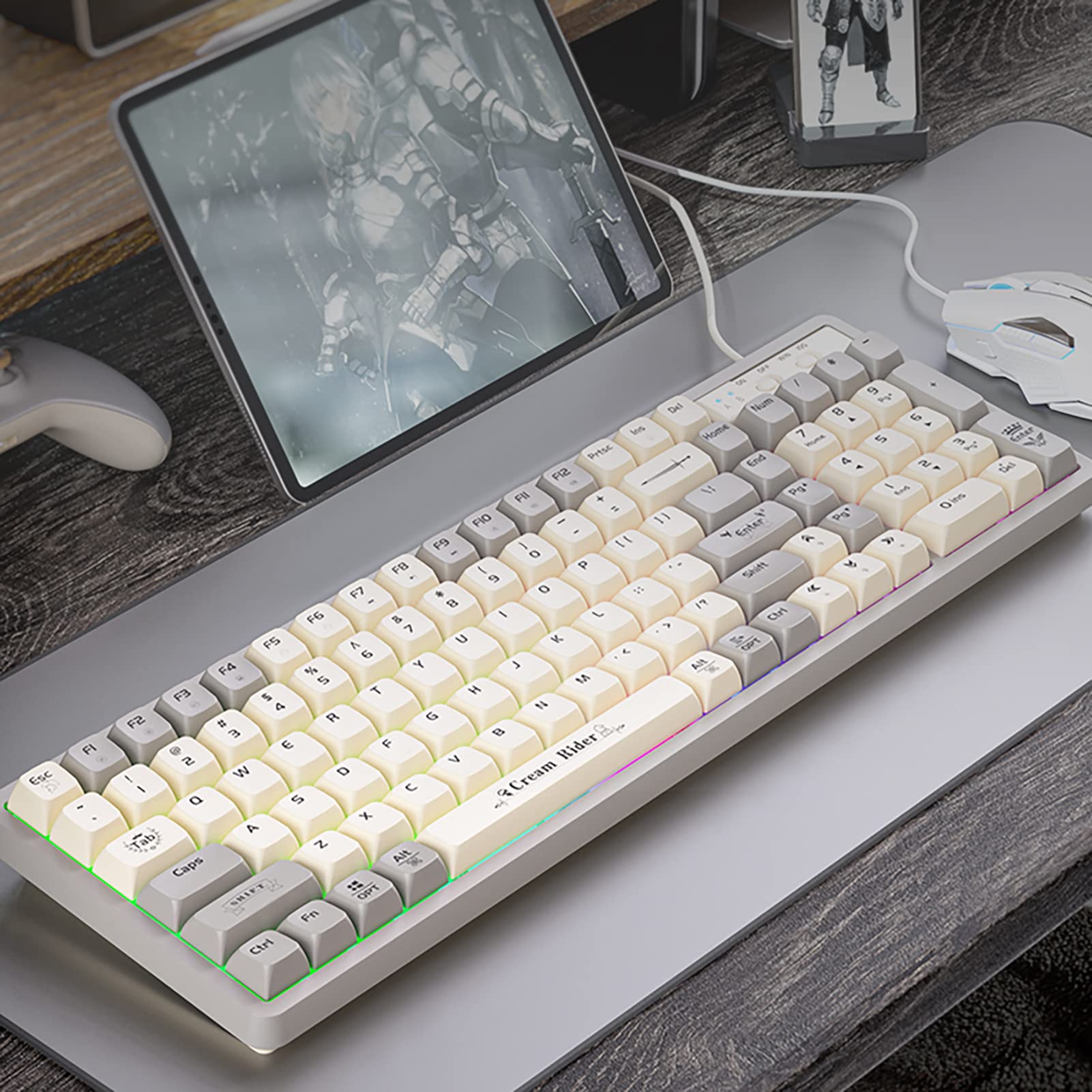 Lomiluskr GK102 Hot Swap Programmable Mechanical Wired Keyboard with Multicolor Backlit, 102 Anti-Ghosting Keys, 2 Colors Keycap, Detachable Cable (Gray&White, Red Switch)