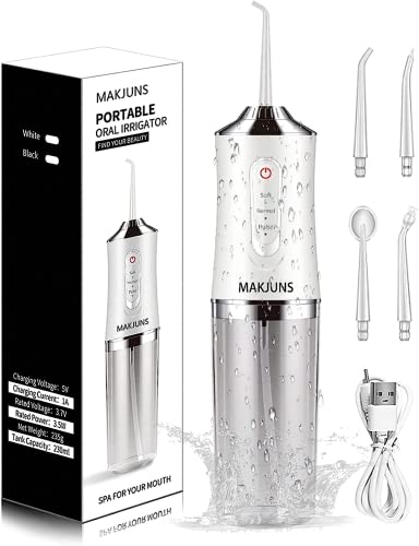 MAKJUNS Water Dental Flosser Cordless Teeth Cleaner with 3 Modes 4 Jets Rechargeable IPX7 Waterproof Dental Oral Irrigator for Travel Home Braces(Silver)
