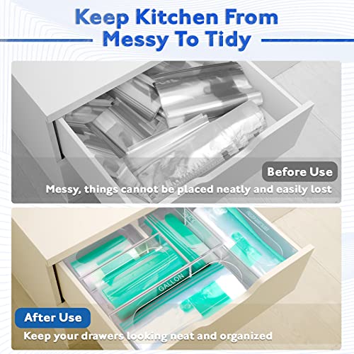 Ziplock Food Bag Storage Organizer, Acrylic Drawer Baggie Organizer Plastic Bag Dispenser Holder for Gallon Slider Quart Freezer Sandwich Snack, for Ziploc Solimo Glad Bags - 5 Pack, Clear