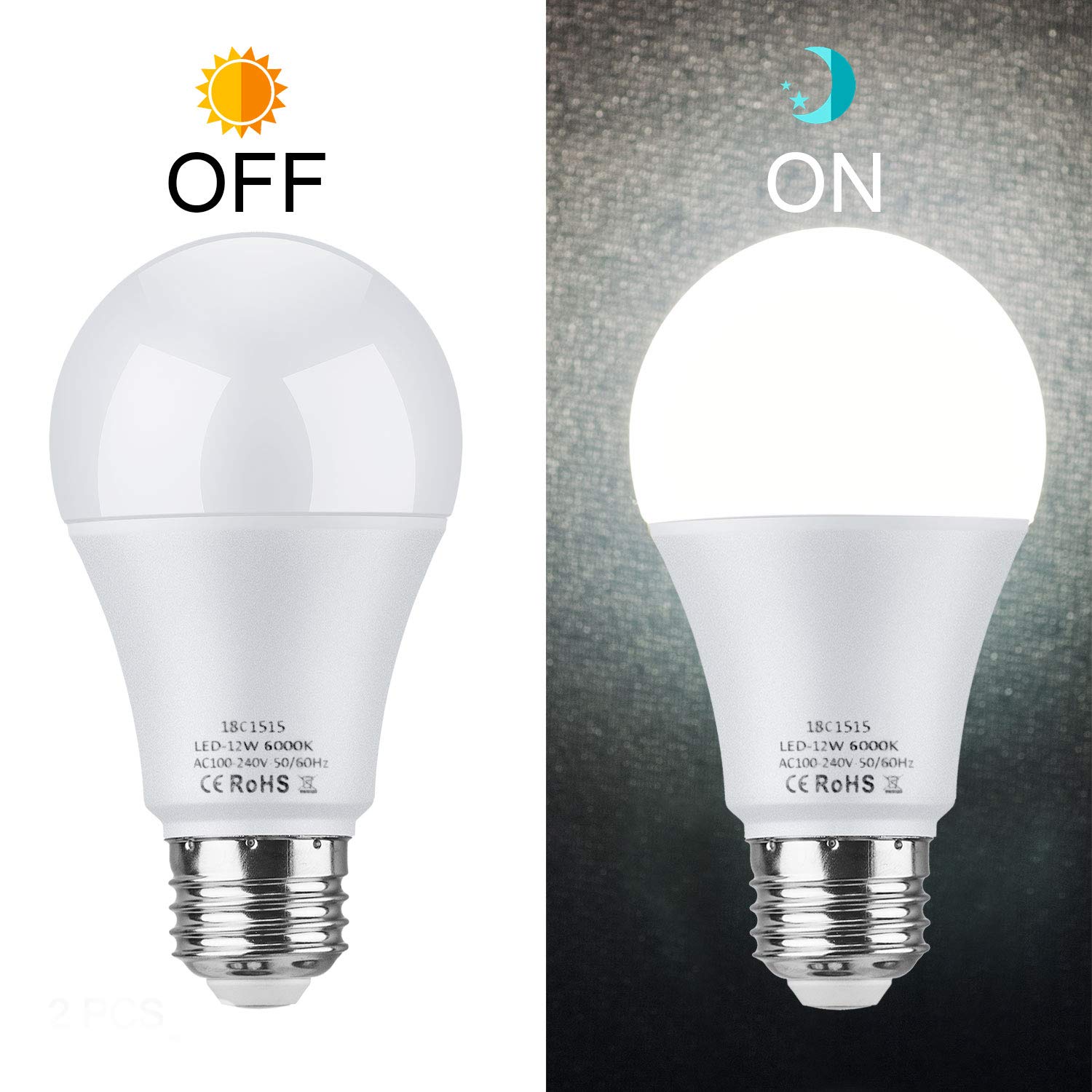 Dusk to Dawn Light Bulbs Outdoor 100W Equivalent Light Bulb E26/E27 Sensor Bulb 12W Smart Light Bulbs 6000K for Home, Front Porch Light, Yard Light, Garage Light, White-2 Pack