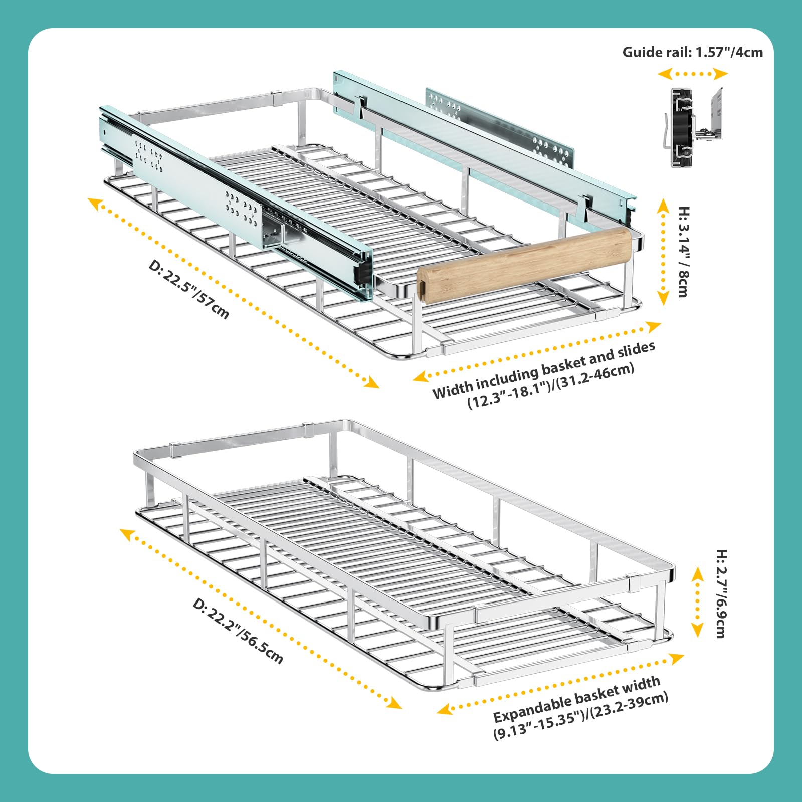 FESDOS Roll-Out Extendable Sliding Basket Pull-Out Cabinet Organizer Slide Out Pantry Shelves Cabinet Shelves for Kitchen, Under Sink, Bathroom, Wardrobe, Opening Size Required 12.3"-18.1", Set of 2