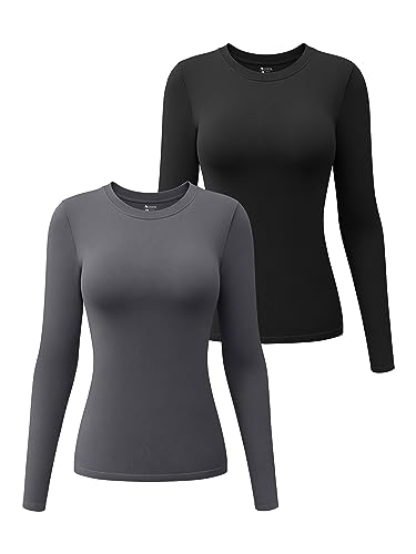 OQQ Women's 2 Piece Long Sleeve Shirt Crew Neck Stretch Fitted Underscrubs Layer, Black,darkgrey, Medium