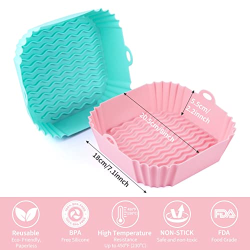 MaMix Silicone Air Fryer Liners 2 pack,8 inch Reusable Air Fryer Pot for 4 to 7 QT Air Fryer Inserts for Oven Microwave Accessories (Green+Pink)