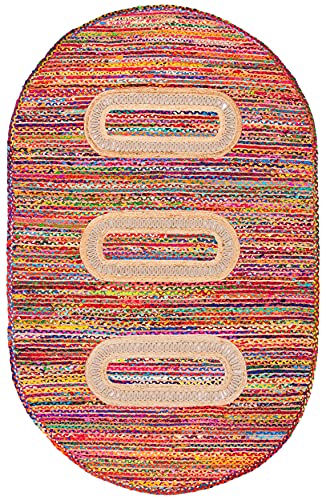 SAFAVIEH Braided Collection 4' x 6' Oval Pink / Sage BRD265U Handmade Boho Reversible Cotton & Jute Area Rug