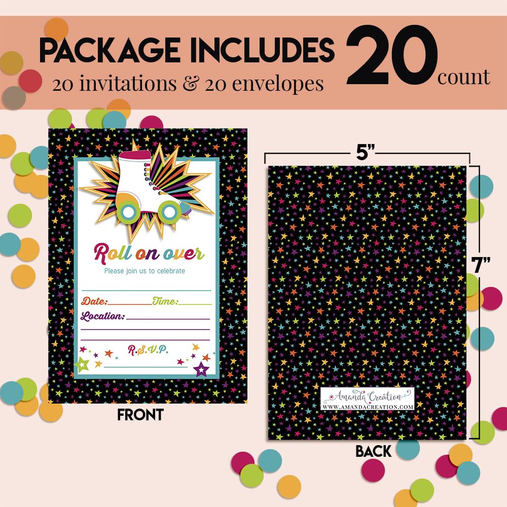 Roller Skating Birthday Party Invitations, 20 5x7 Fill In Cards with Twenty White Envelopes by AmandaCreation