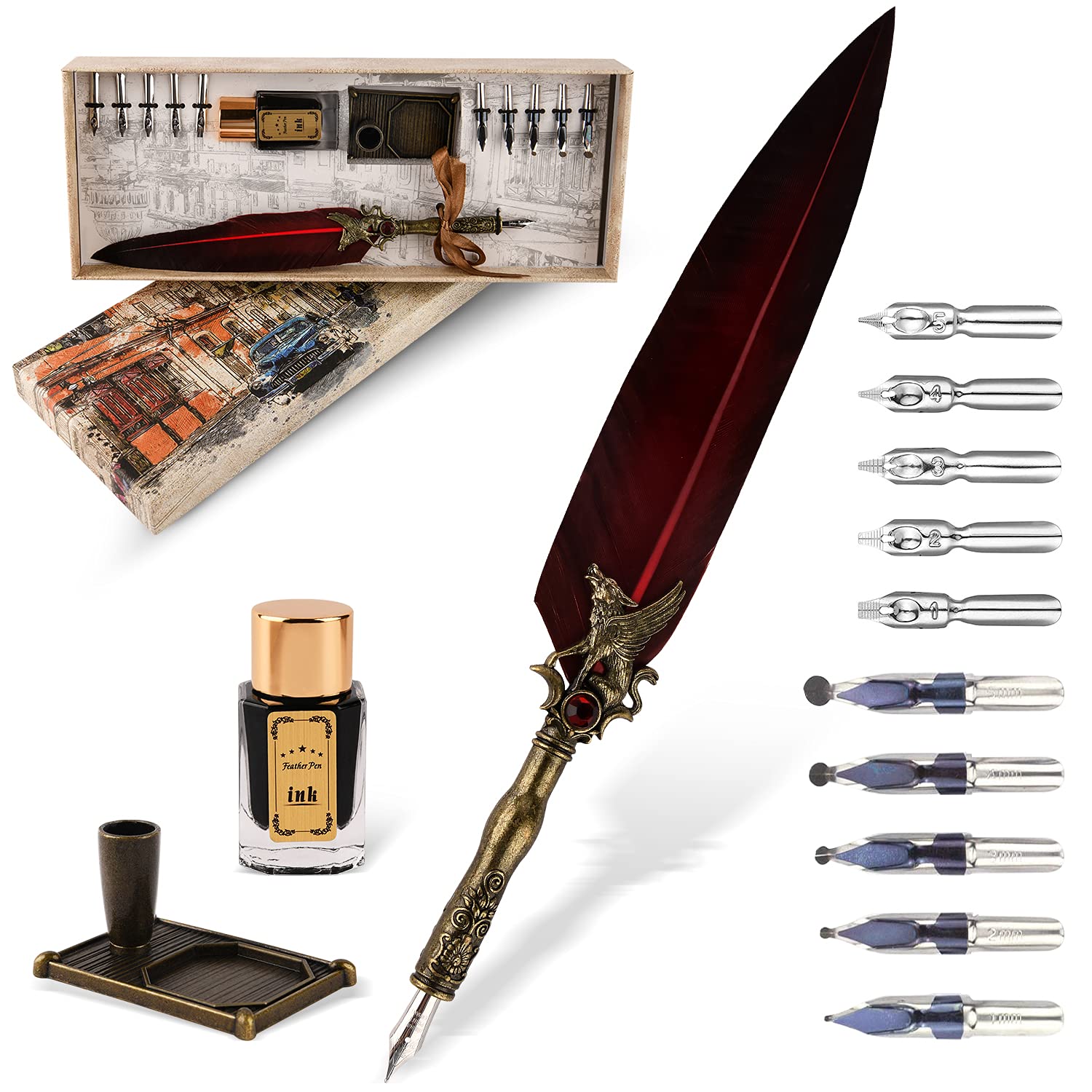Eptbsdu Antique Calligraphy Feather Pen Quill Pen and Ink Set Beginners Animal Feather Dip Pen with 10 Replacement Nibs Ink & Pen Holder for Writing Drawing Signature