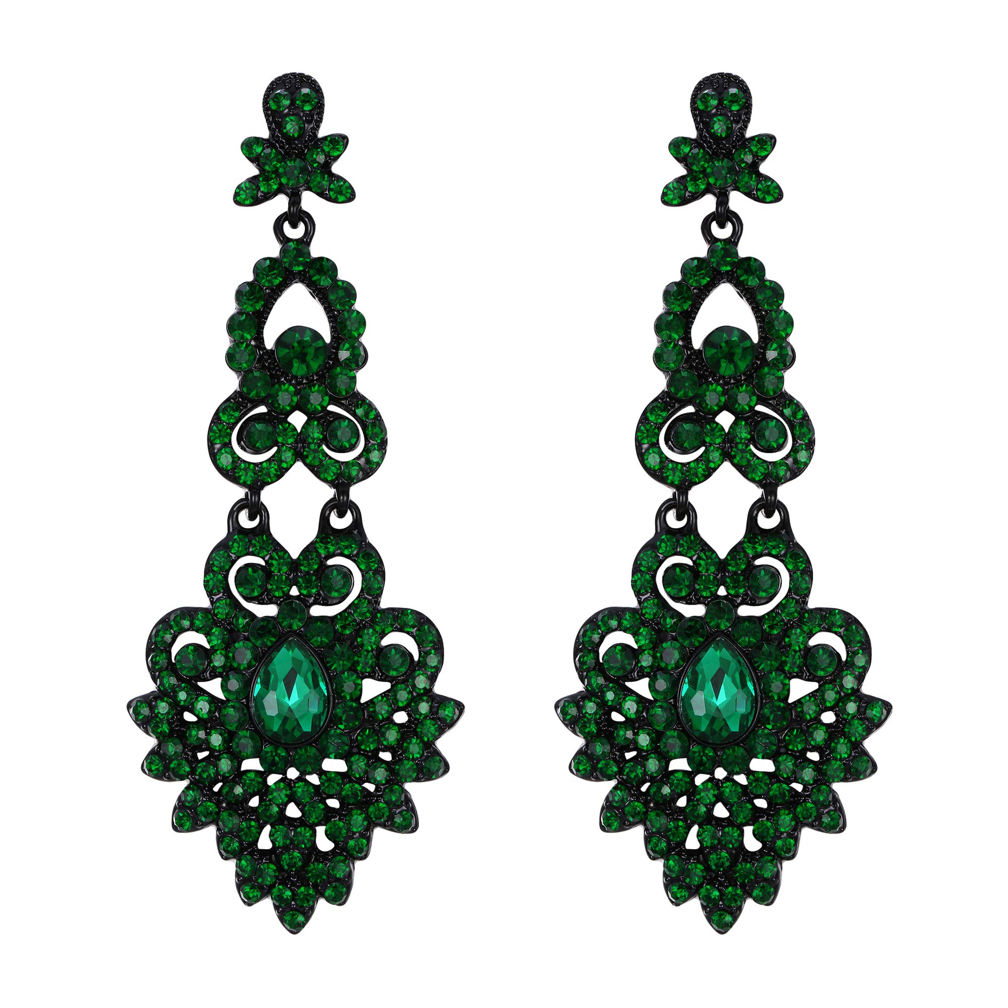 Flyonce Bridal Crystal Vintage Style Art Deco Chandelier Dangle Earrings for Women Green Black-Tone