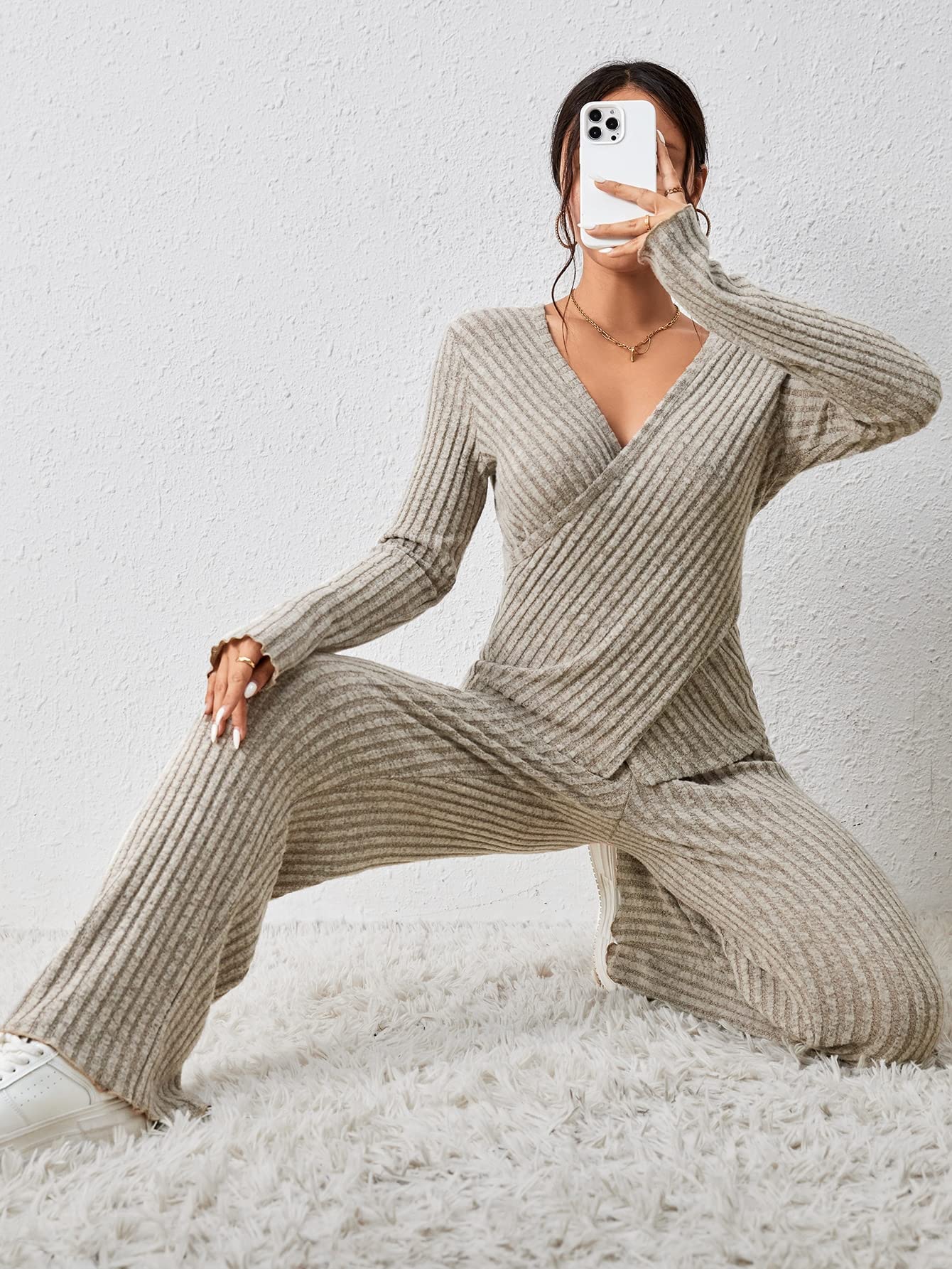 GORGLITTER Women's 2 Piece Outfits Wrap V Neck Long Sleeve Top & Pants Tracksuits Apricot X-Small