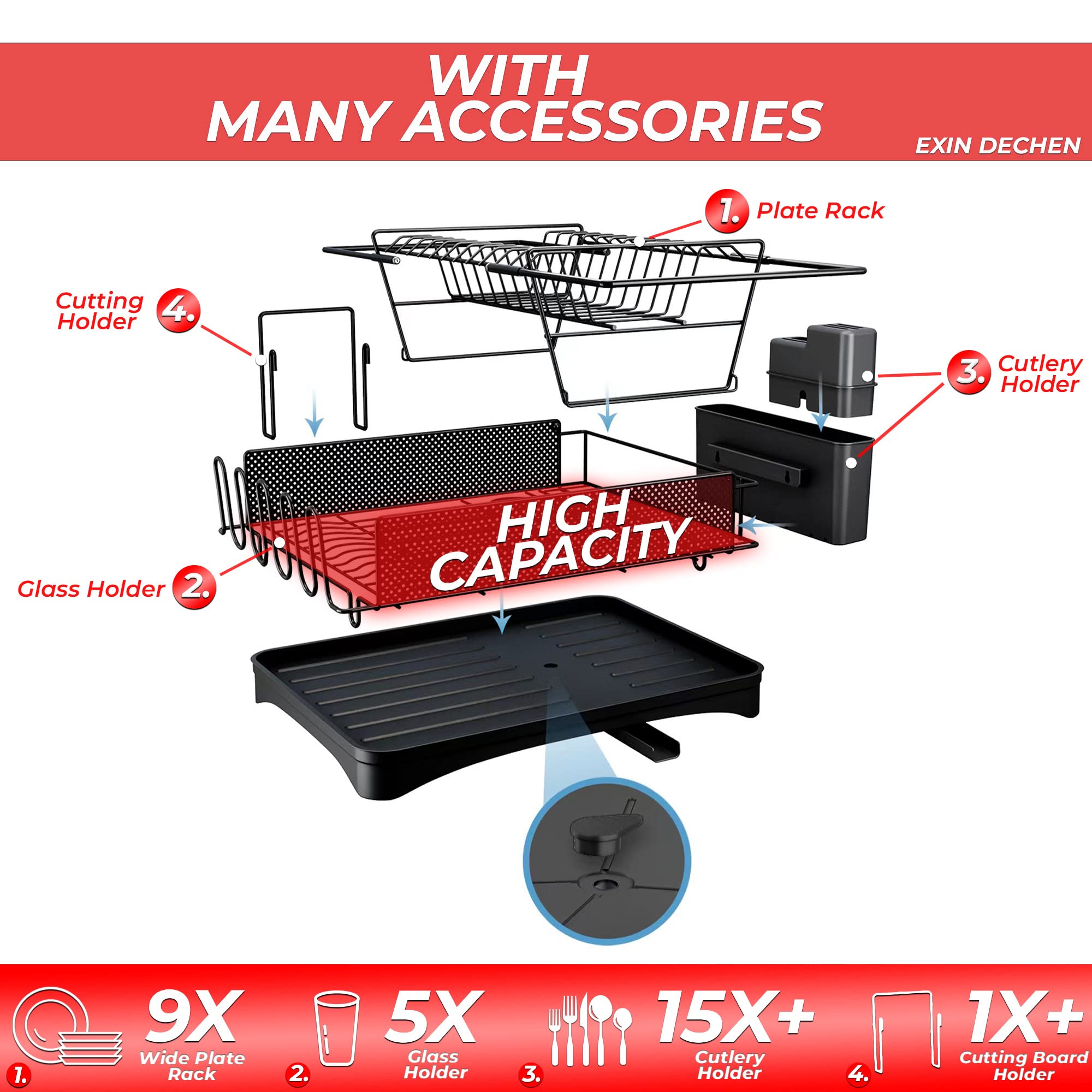 EXIN DECHEN Dish Drying Rack – 2 Tier Large Dish Rack with Auto Drainage, Stainless Steel Dish Drainer for Kitchen Counter with Glass Holder, Cutting Board Holder and Extra Drying Mat